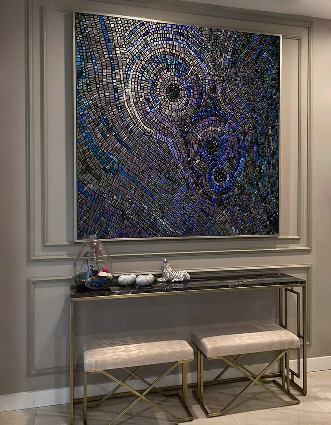 Navy Blue Wall Art, Blue Geode Wall Art in Mosaic, Above Bed Large ...