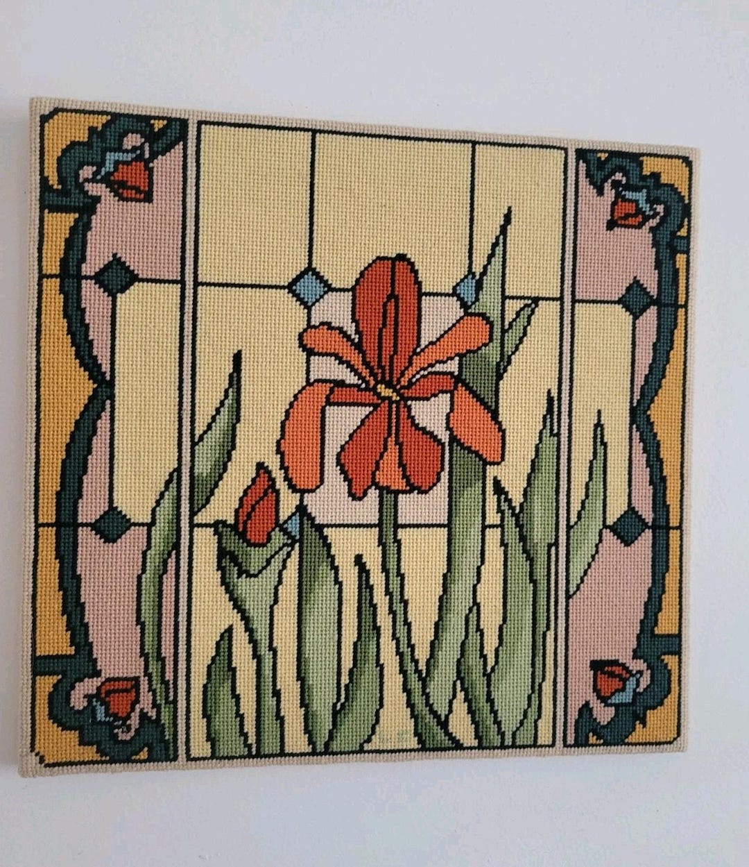 Vintage 70s Iris Stained Glass Window Needlepoint Handmade Unframed - Etsy