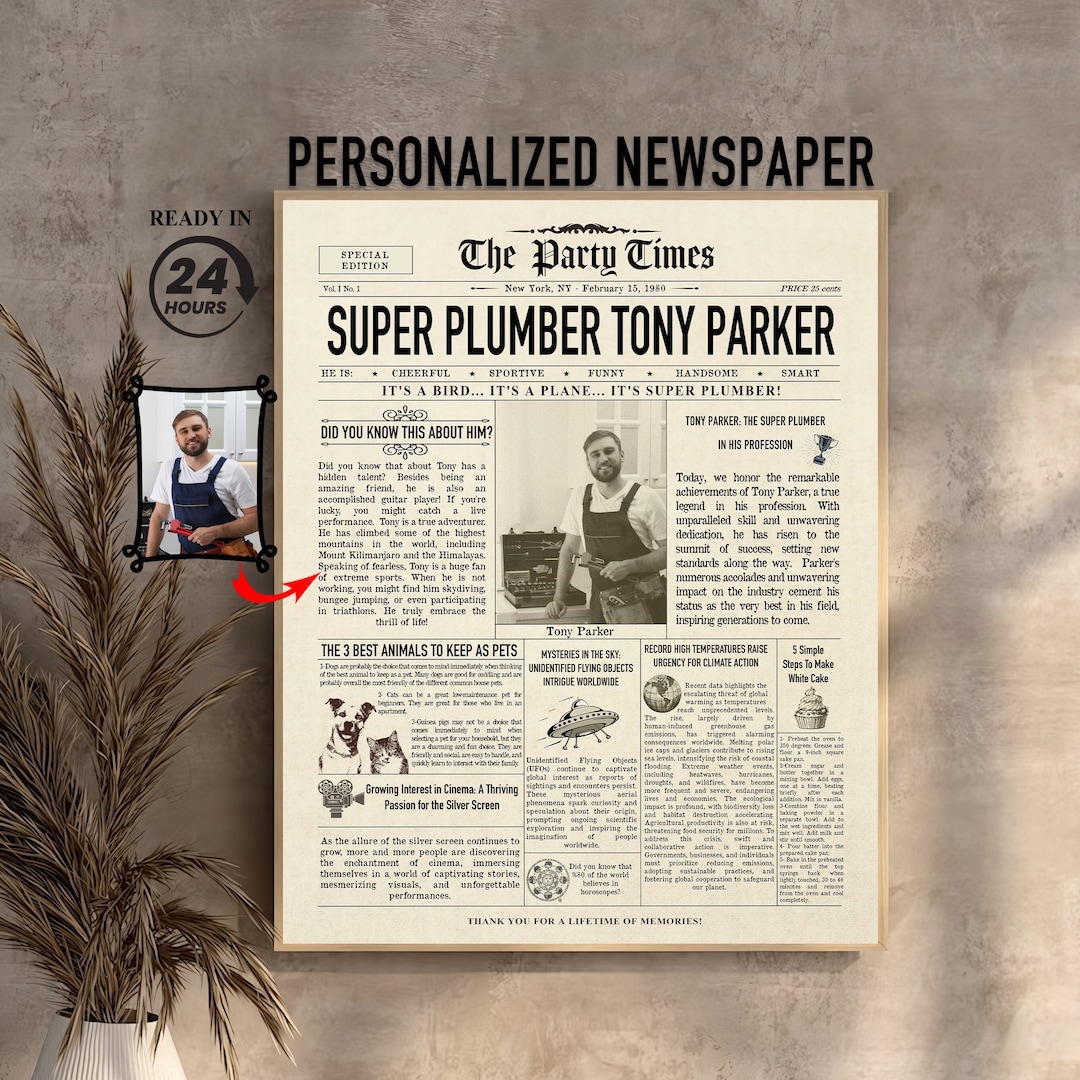Personalized Plumber Newspaper Gift: Funny Plumbing Birthday (digital ...