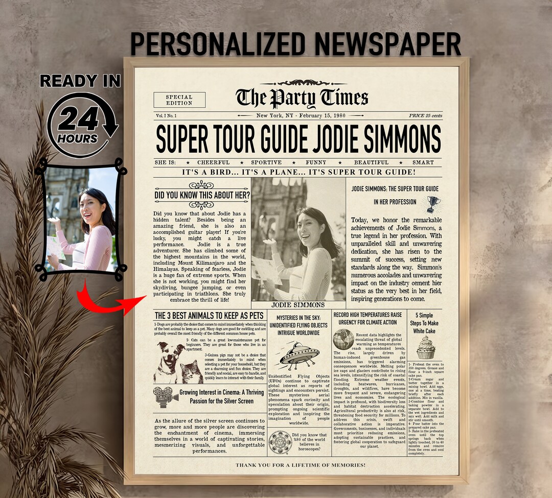 Tour Guide Gift, Personalized Tour Guide Newspaper Print Birthday ...