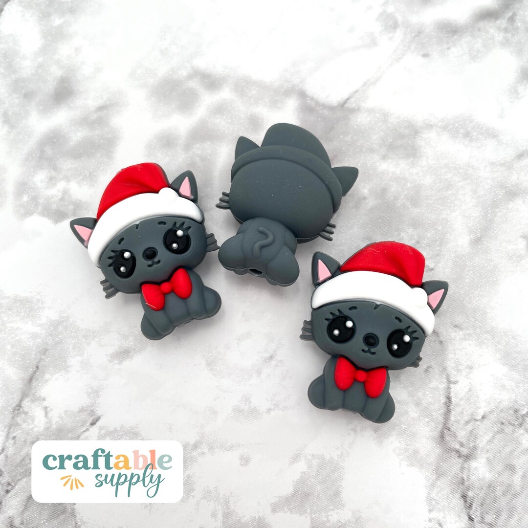 3D Christmas Kitty Cat Silicone Focal Beads | Winter Christmas Animal ...