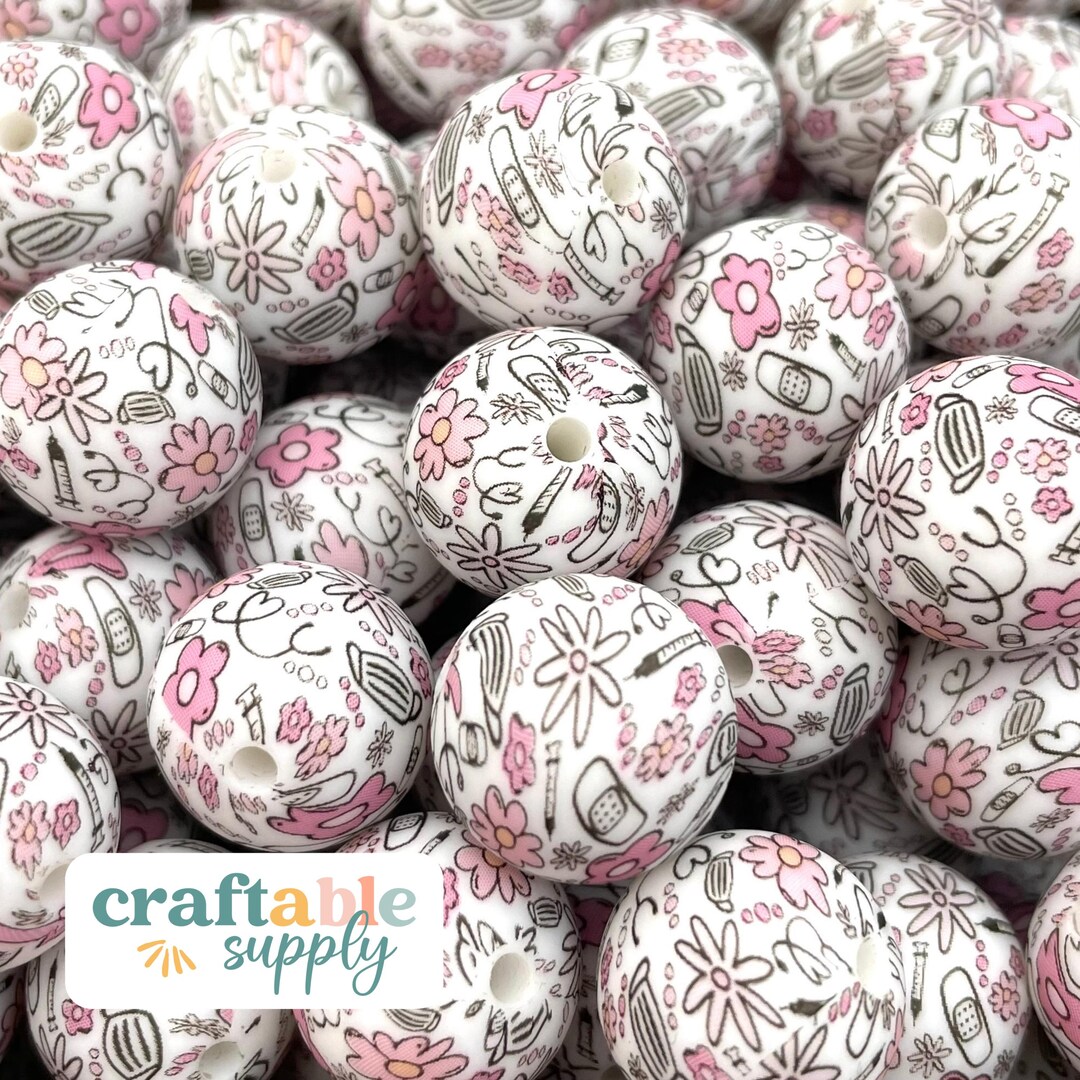 15mm Pink Healthcare Print Silicone Beads | Medical Nurse Doctor Beads ...