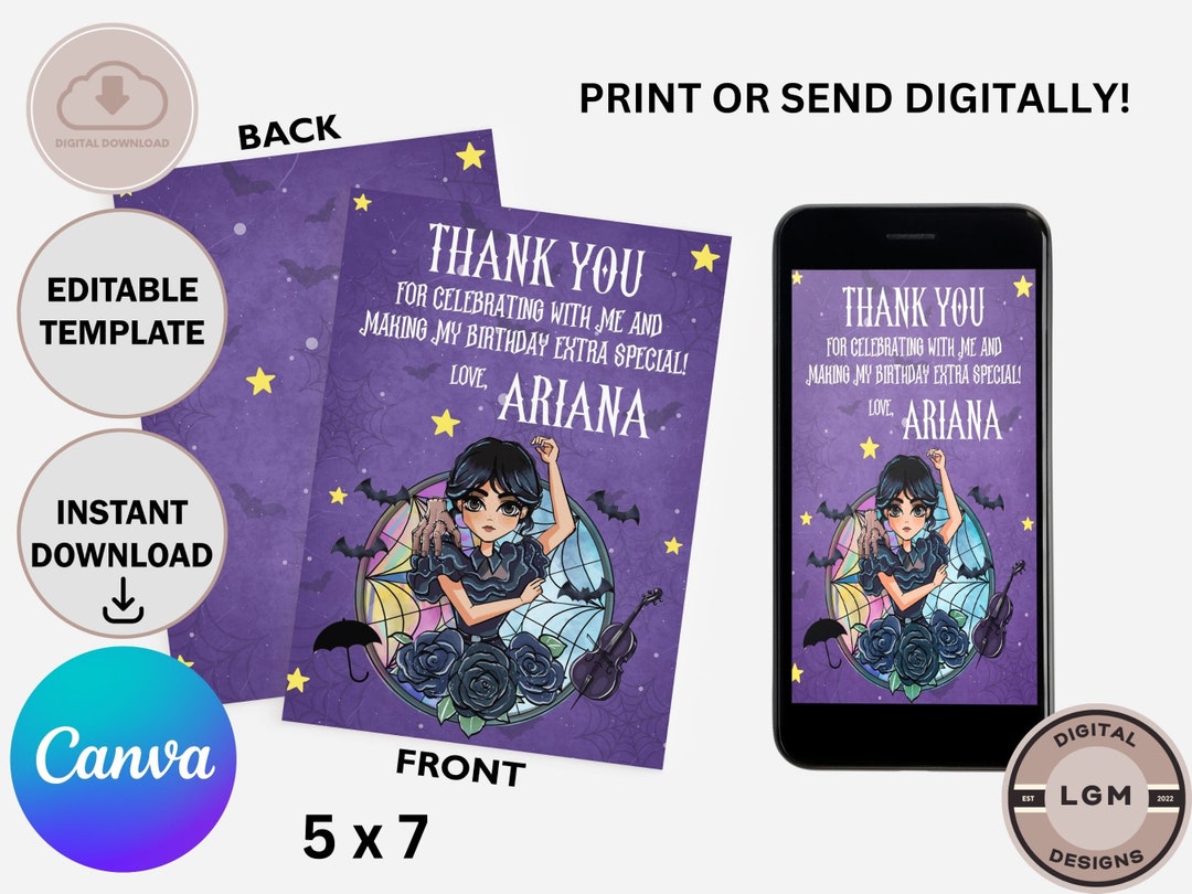 Editable Wednesday Addams Thank You Card, Wednesday Party Favor Tag ...