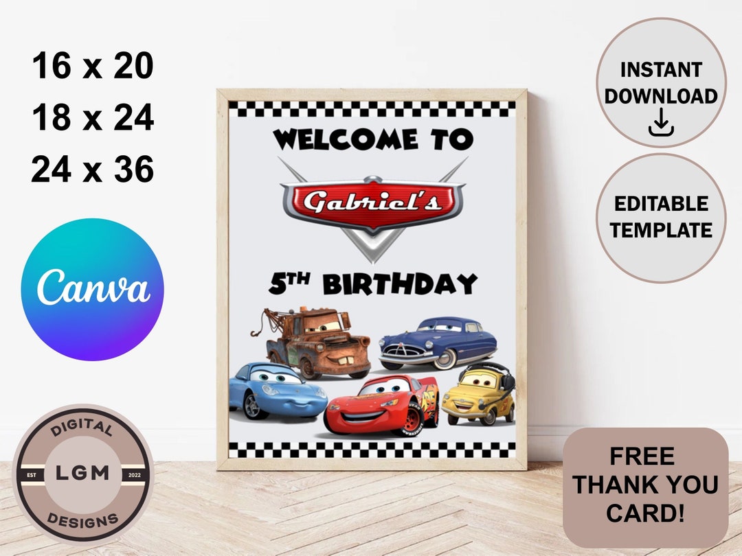 Cars Birthday Welcome Sign, Lightning Mcqueen Custom Editable ...