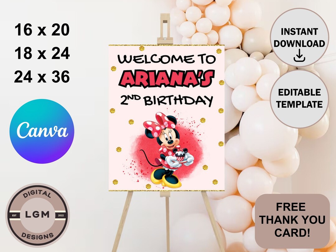 Minnie Mouse Birthday Welcome Sign, Minnie Mouse Editable Personalized ...