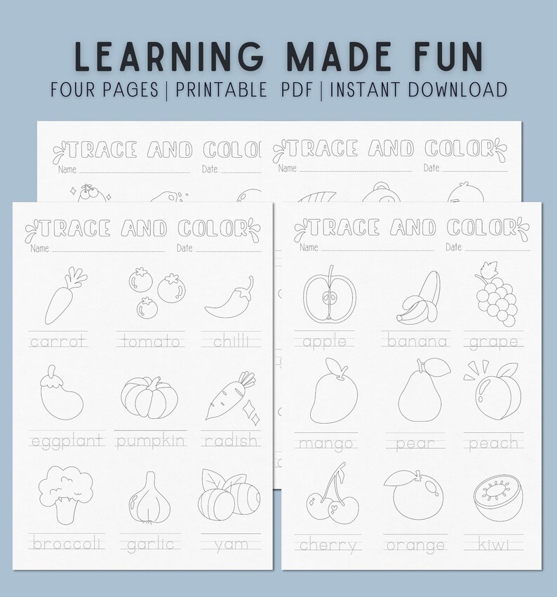 Summer Learning Activity | Trace and Color Words for Kids | Fruits ...