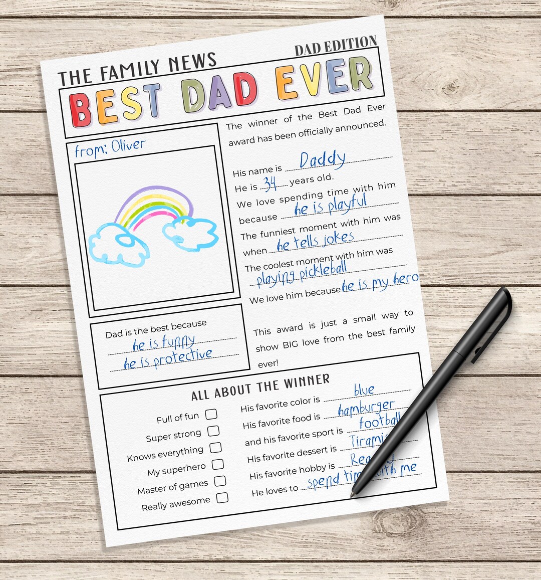 Father's Day Gift | Best Dad Ever Newspaper Printable | Kid Interview ...