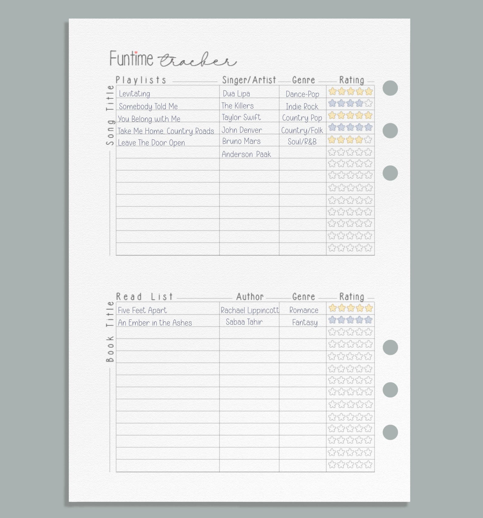 Funtime Tracker Printable | Playlist Watchlist Readlist Log | Cozy ...