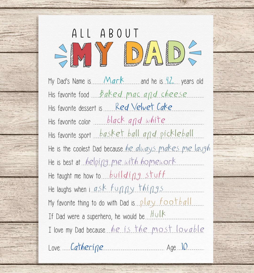 Father's Day Gift | All About My Dad Printable | Father's Day Keepsake ...