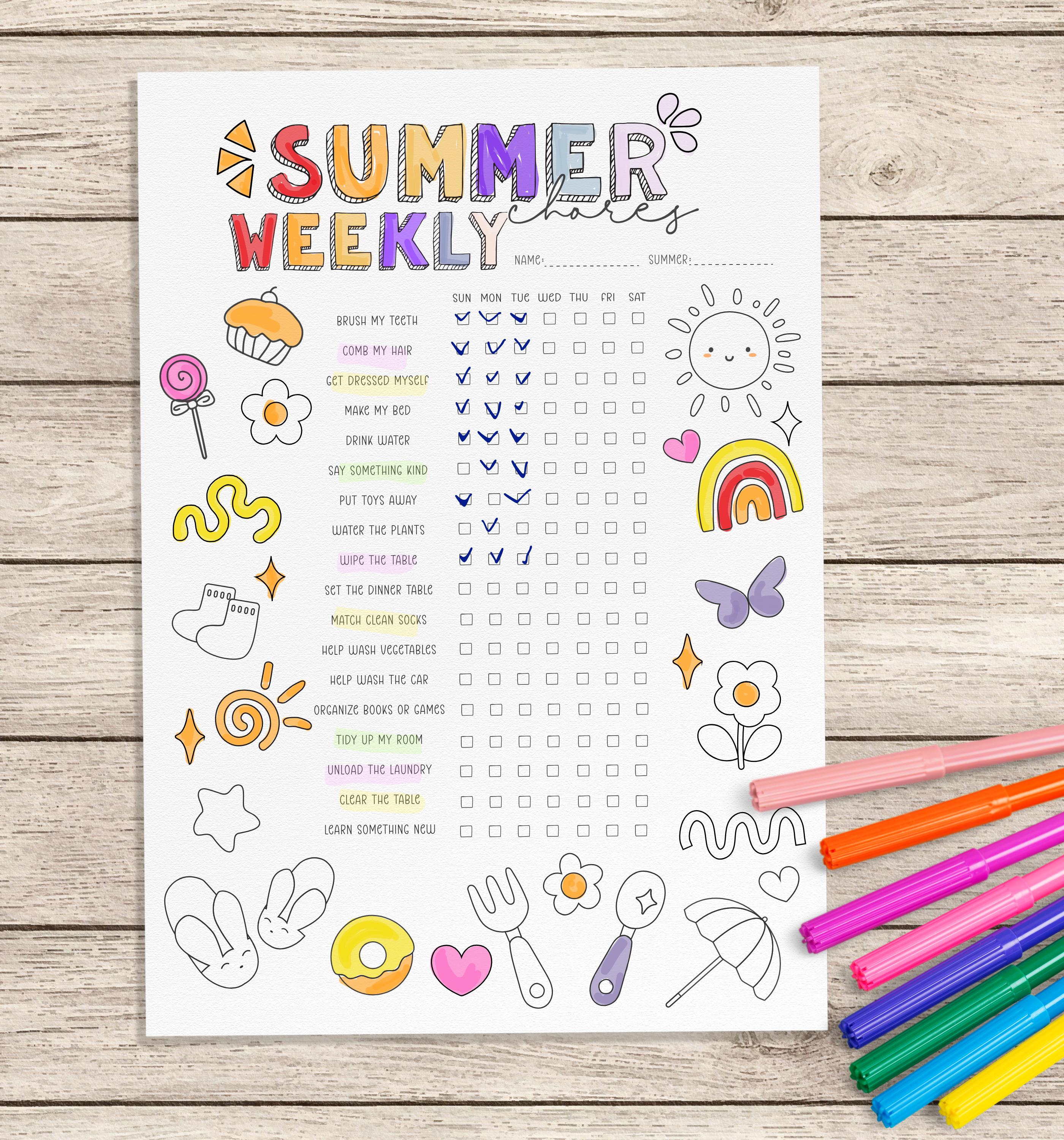 Summer Chore Chart for Kids | Weekly Chores Checklist Printable ...