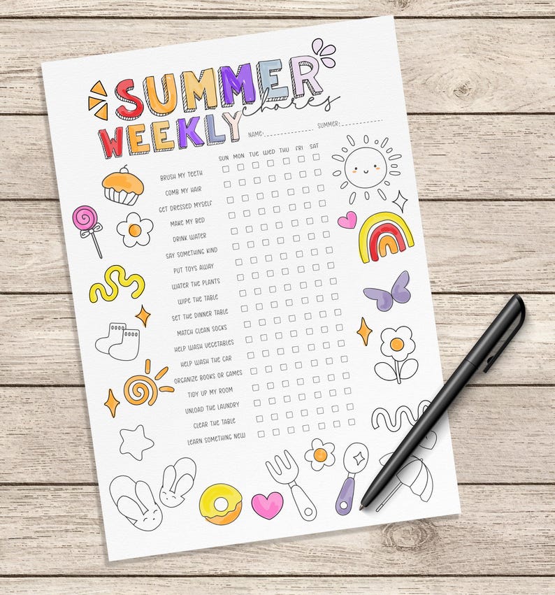 Summer Chore Chart for Kids | Weekly Chores Checklist Printable ...