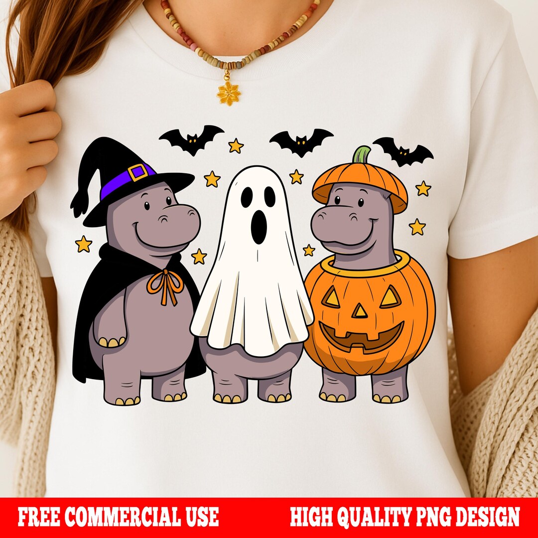 Cute Halloween Hippo PNG Clipart With Witch Ghost and Pumpkin Costumes ...