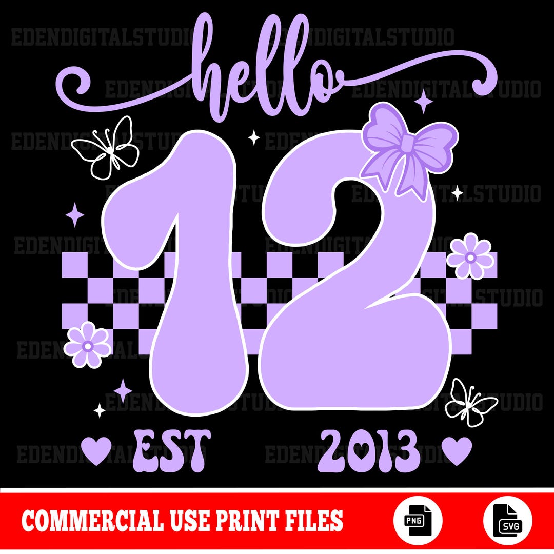 Hello 12 Birthday SVG for Girls, 12th Birthday Established 2013 PNG ...