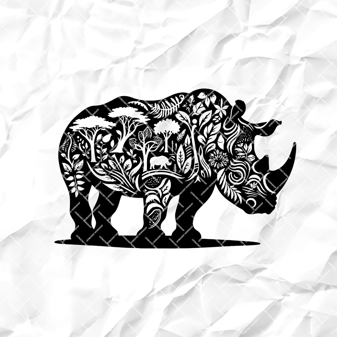 Rhino SVG Silhouette With Forest for Cricut, Wild Animal DIY Projects ...