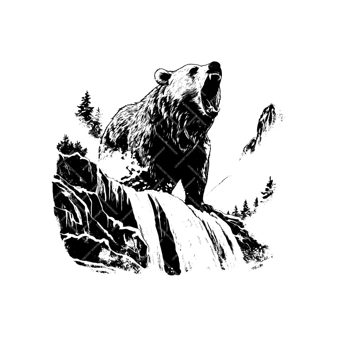 Roaring Bear on Waterfall SVG Cricut Cut File Printable Vector Image ...