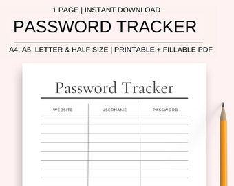 Password Tracker Printable & Fillable, Password Keeper, Password ...