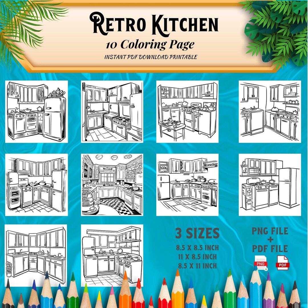 Retro Kitchen Coloring Book Kitchen Greyscale Coloring Shabby Chic ...