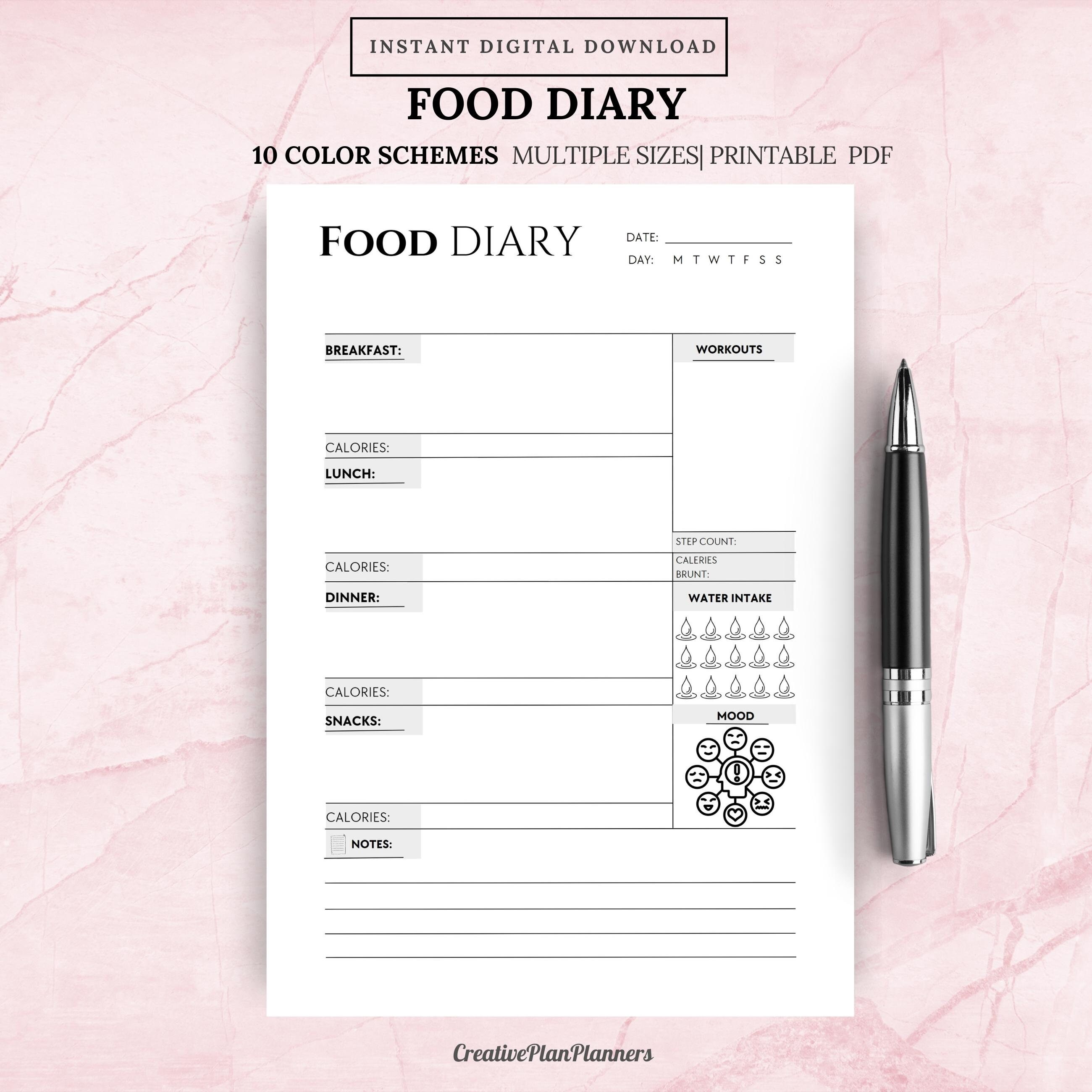 Daily Food Diary Printable, Food Journal, Meal Prep Planner, Printable ...