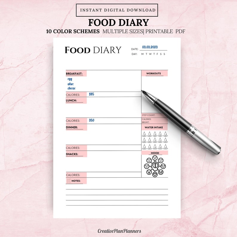 Daily Food Diary Printable, Food Journal, Meal Prep Planner, Printable ...
