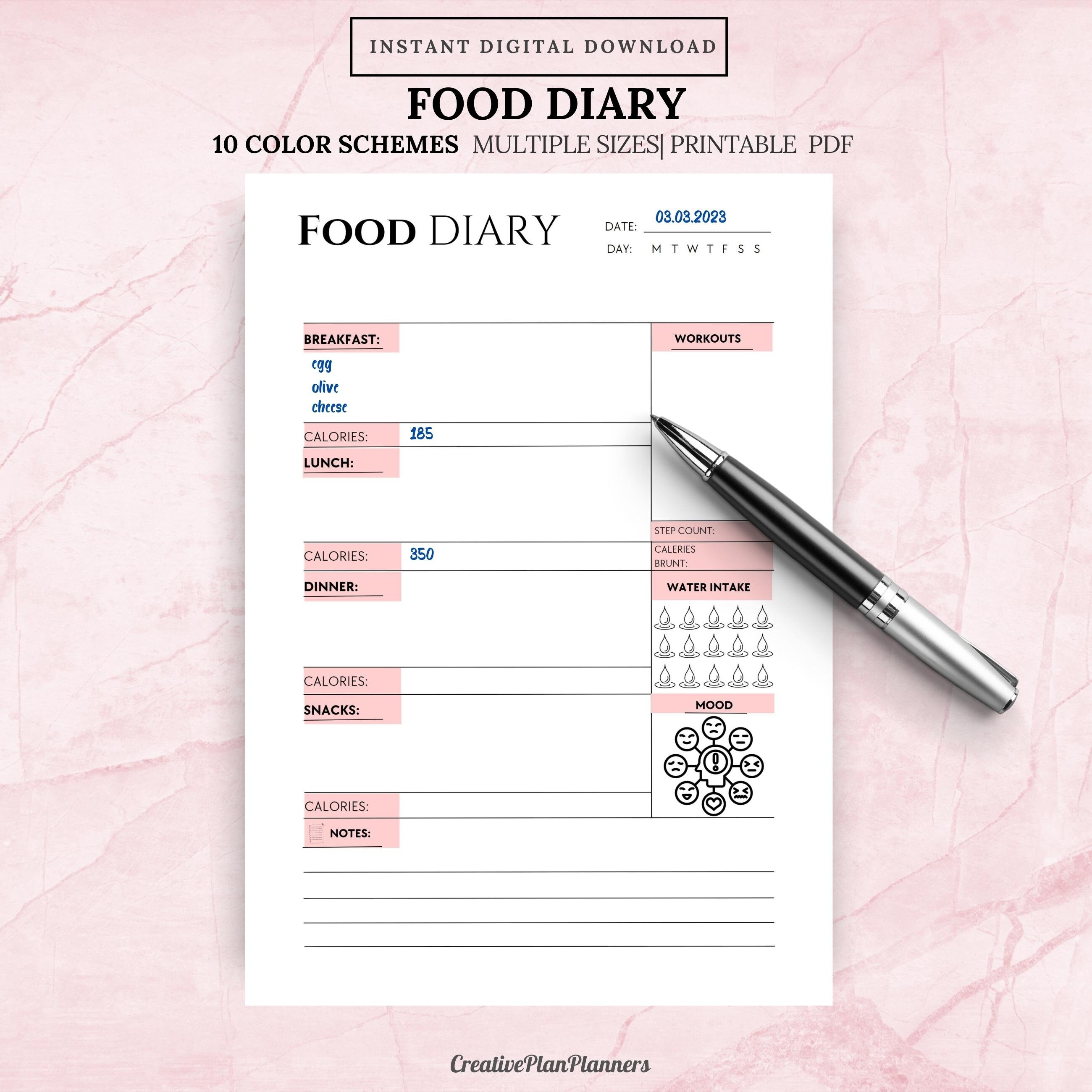 Daily Food Diary Printable, Food Journal, Meal Prep Planner, Printable ...