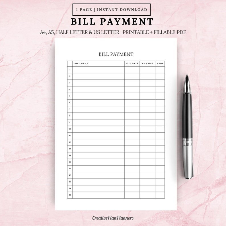 Bill Tracker Printable, Bill Log, Bill Payment Tracker, Bill Payment ...