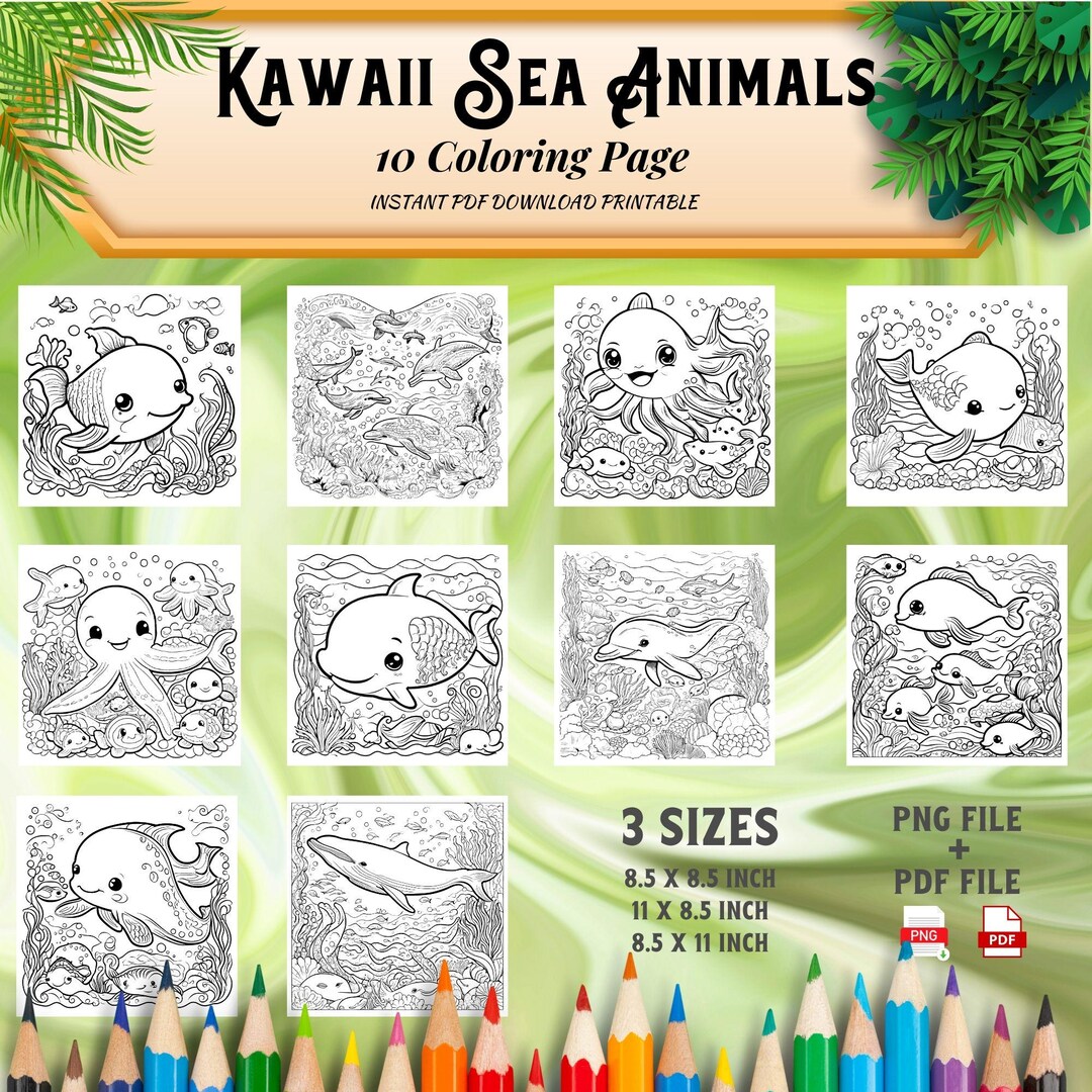 Kawaii Sea Animals , 10 Coloring Pages, Sea Animals Coloring Pages for ...