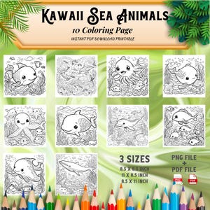 Kawaii Sea Animals , 10 Coloring Pages, Sea Animals Coloring Pages for ...