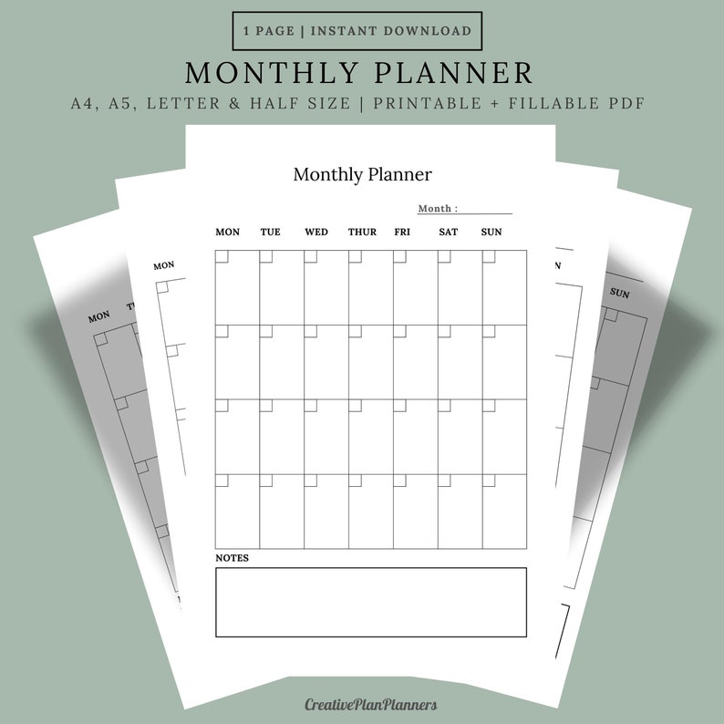 Monthly Planner Print, Monthly Planner Pages, Monthly Planner Boxes ...