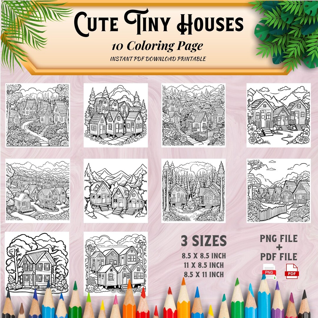Kawaii Cute Tiny Houses Coloring Book, Architect Grayscale Coloring ...