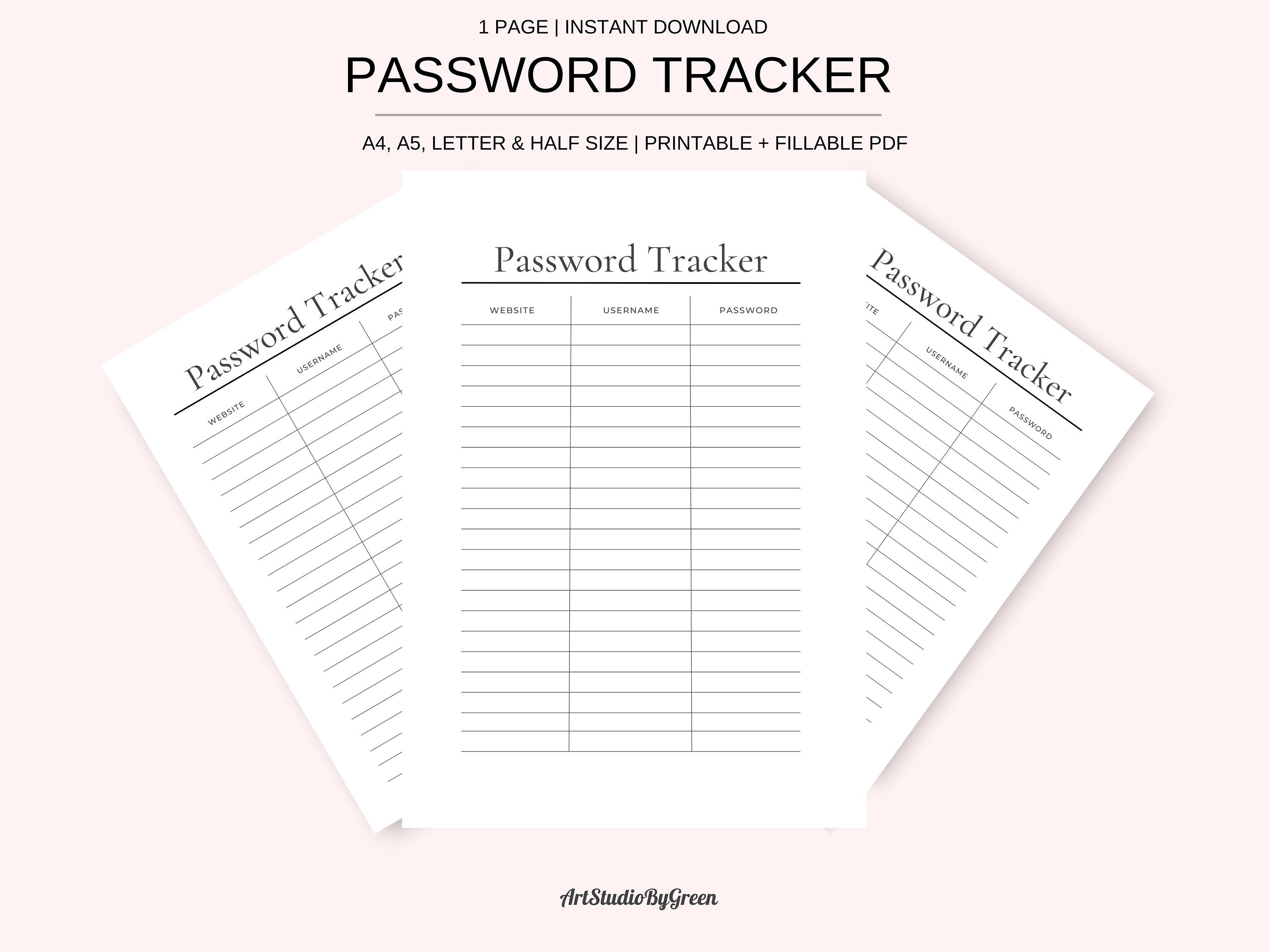 Password Tracker Printable & Fillable, Password Keeper, Password ...