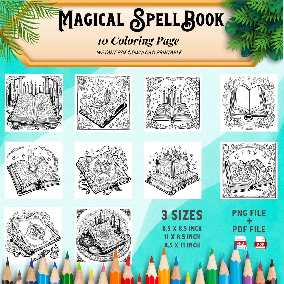10 Magical Spellbook Coloring Pages Adult and Kids Coloring Book ...