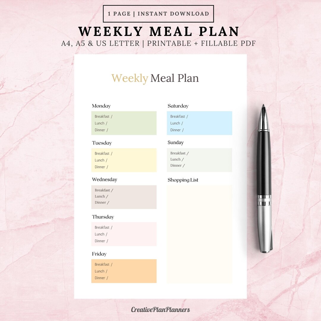 7 Day Menu Plan, Food Planner, Health & Fitness, A4/a5/letter/half/pdf ...