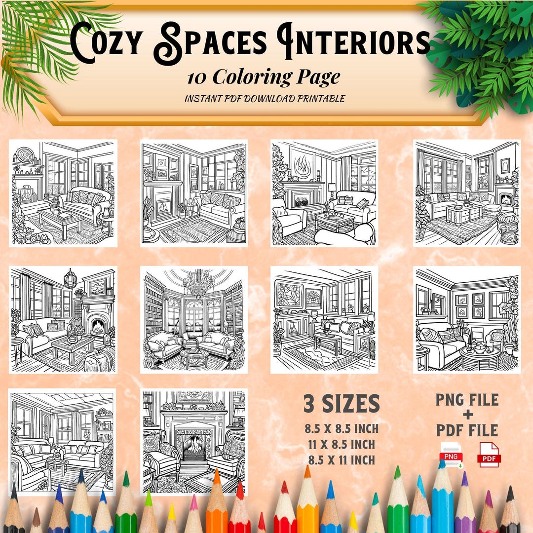 10 Cozy Spaces Interiors Coloring Pages Printables, Rooms, Cozy ...