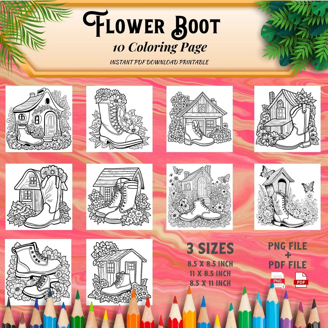 Flower Boot Coloring Pages Adult and Kids Coloring Book, Grayscale ...