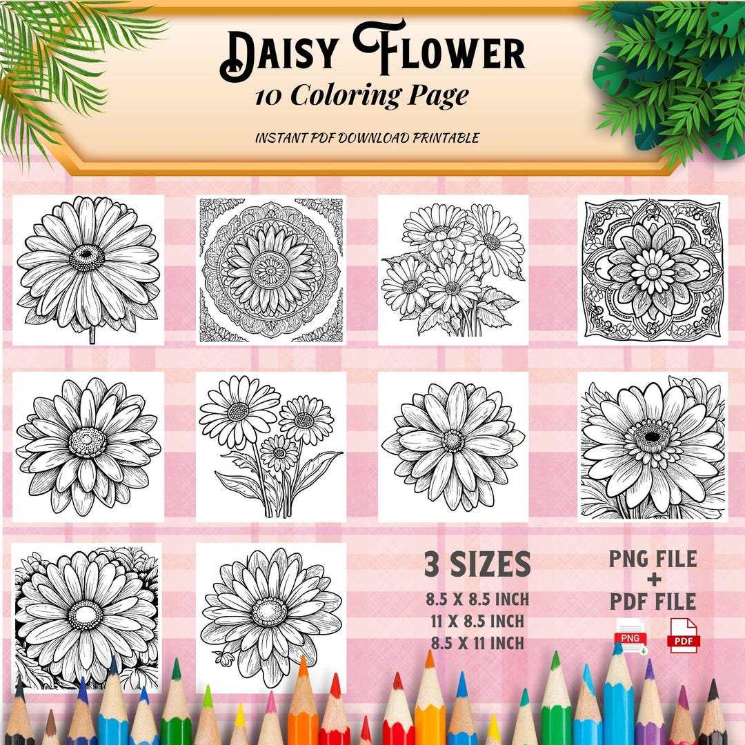 Daisy Flower Coloring Pages Adults and Kids Coloring Book, Greyscale ...