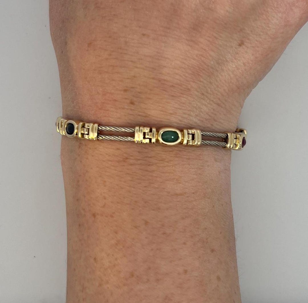Vintage Bezel Set Cabochon Bracelet in 14k Yellow Gold and Steel - Etsy