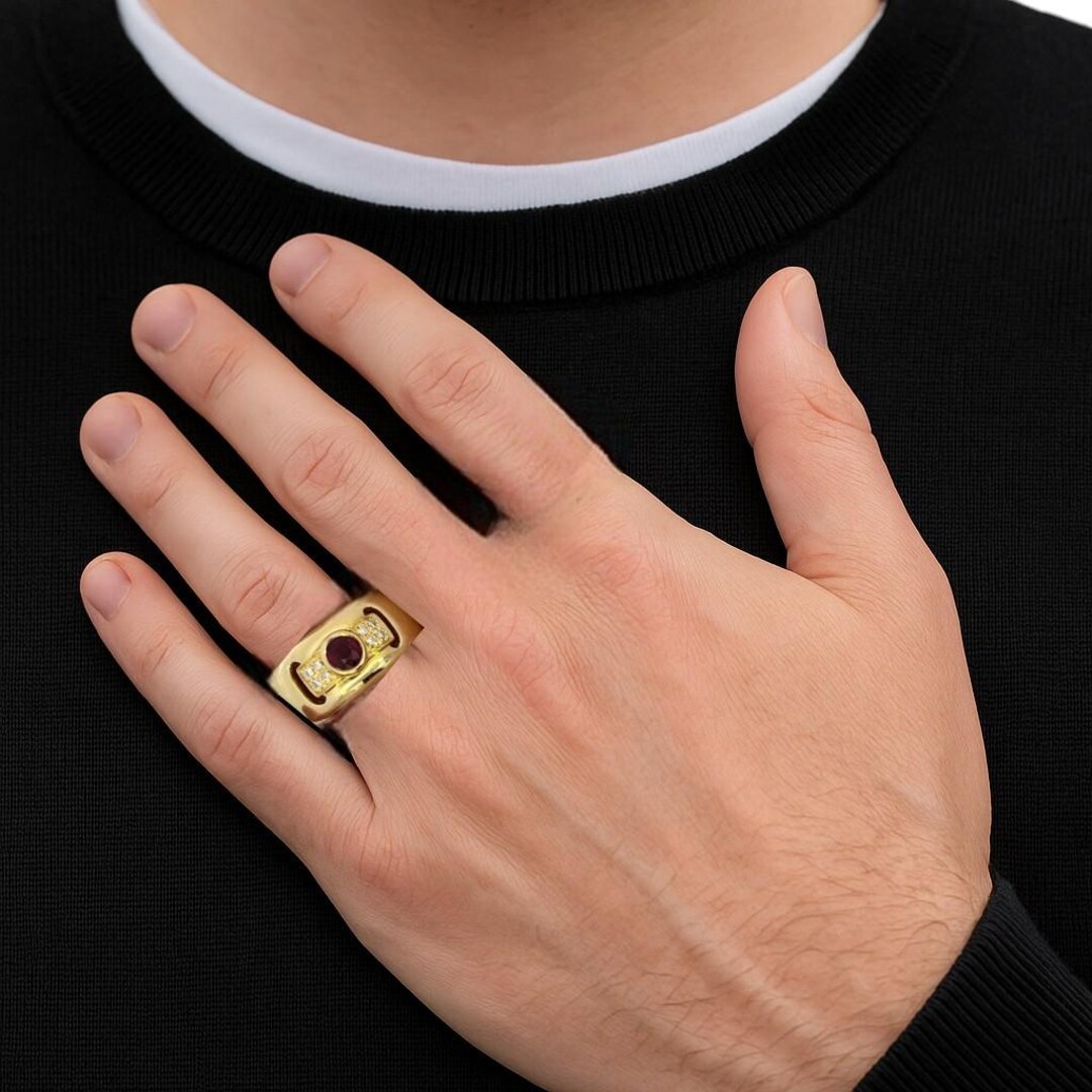 Ruby & Diamond Cigar Band Ring in Solid 18k Yellow Gold, Signed A.ROURE ...