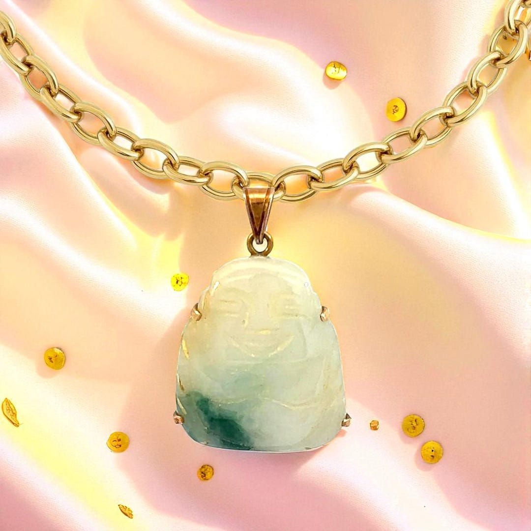 Jadeite Laughing Buddha Pendant, 14K Yellow Gold, Light Green Jade, 3 ...
