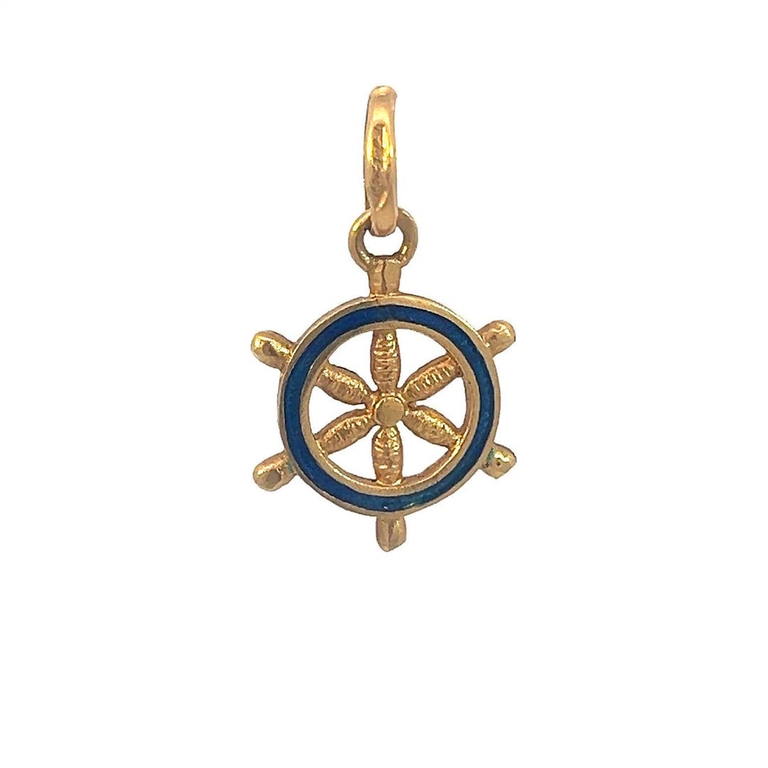 Vintage Boat Captain's Wheel With Blue Enamel in 18k Yellow Gold - Etsy