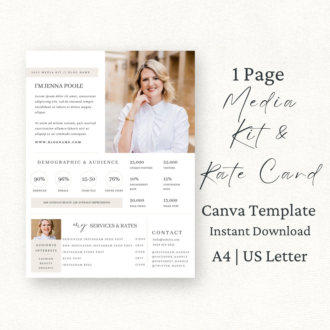 1 Page Media Kit Canva Template, Single Page Influencer Social Media ...
