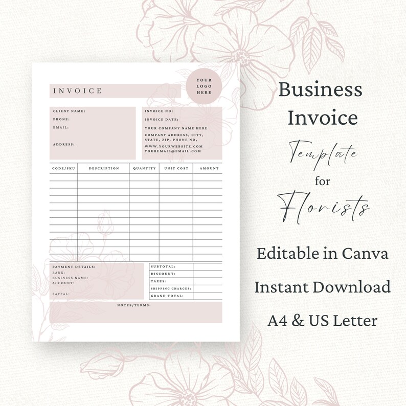 Florist Invoice Canva Template, Wedding Florist Order Form, Editable ...