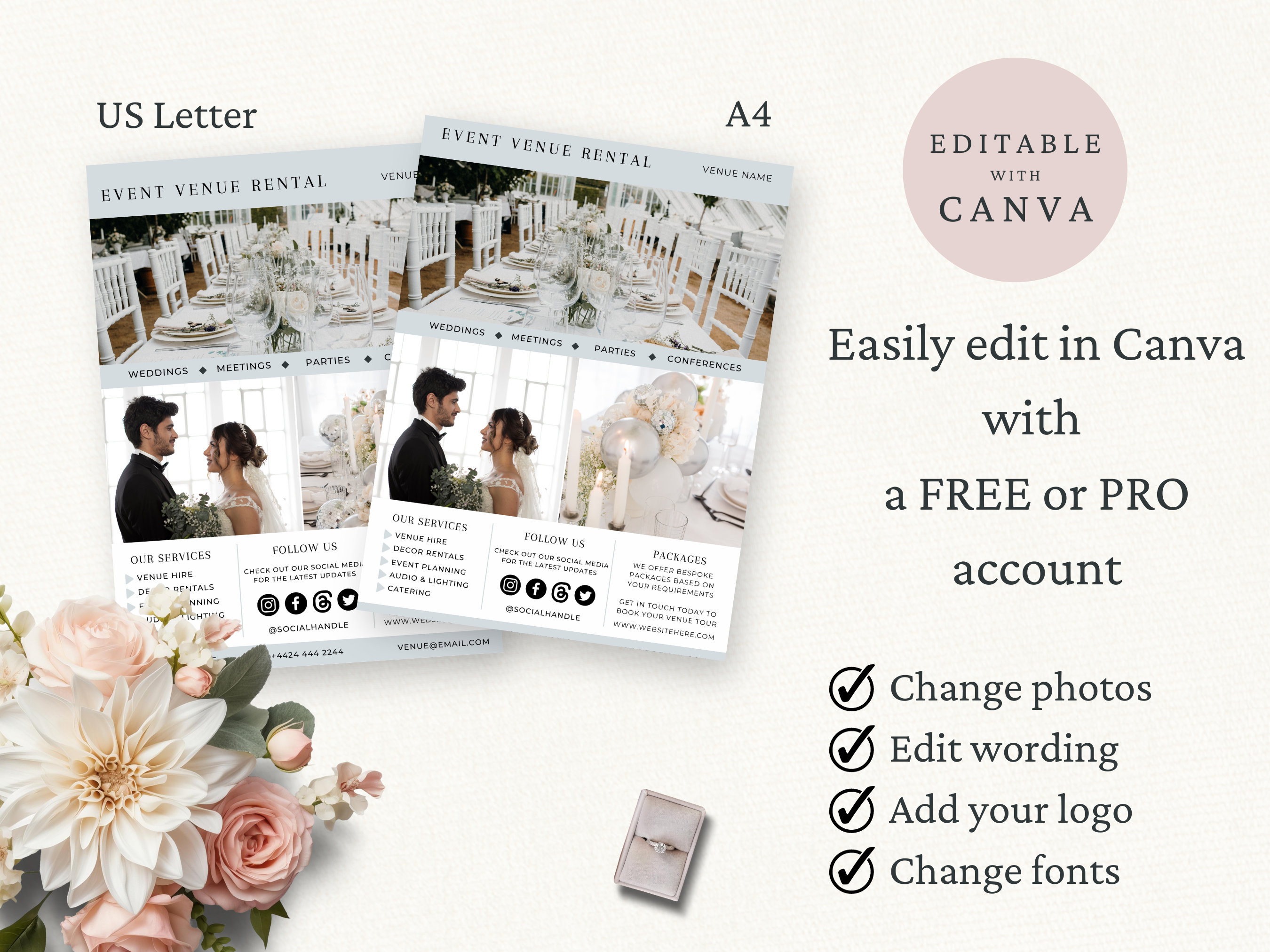 Event Venue Rental Flyer, Editable Canva Template, Wedding Venue Hire ...