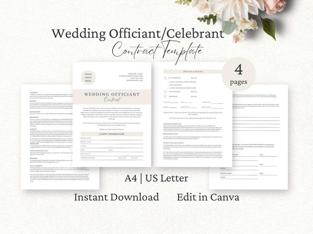 Wedding Officiant Contract, Editable Canva Template, Pricing Services ...