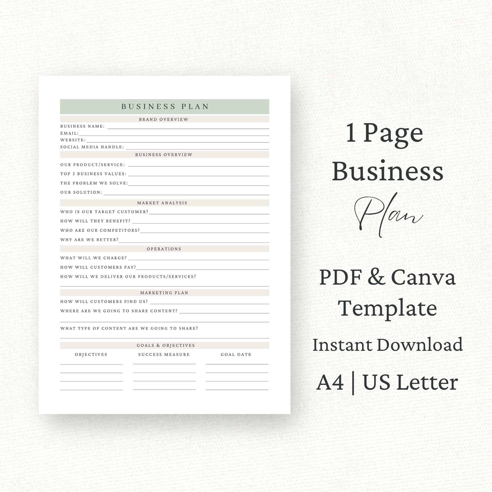 1 Page Business Plan Template Canva, PDF, Business Plan Printable ...