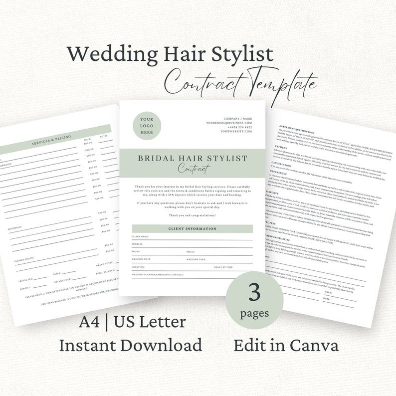 Wedding Hair Contract Template, Bridal Hair Services Agreement ...
