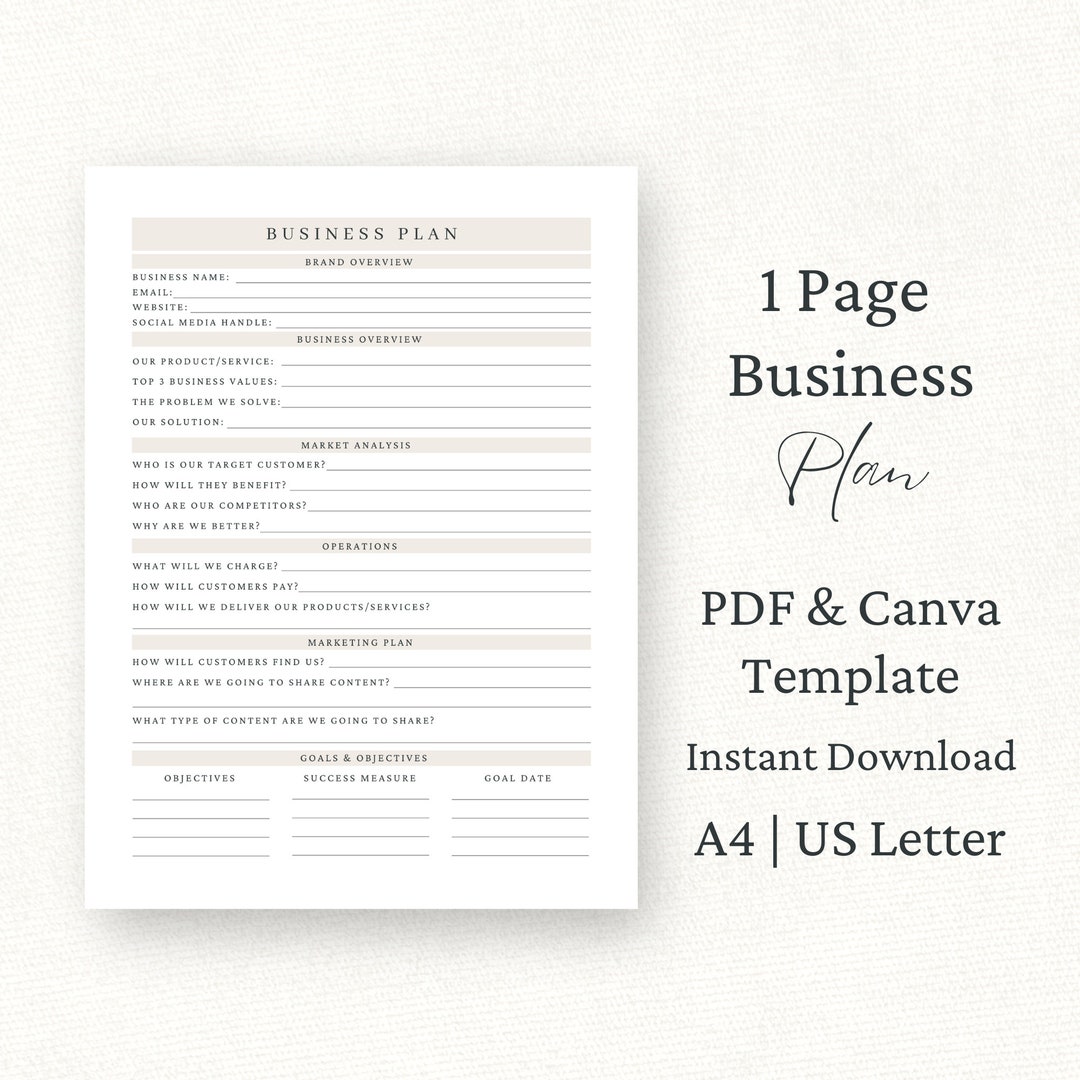 1 Page Business Plan Template Canva, PDF, Small Business Start-up Plan ...