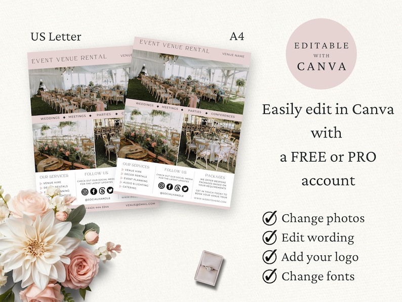 Event Venue Rental Flyer, Editable Canva Template, Wedding Venue Hire ...