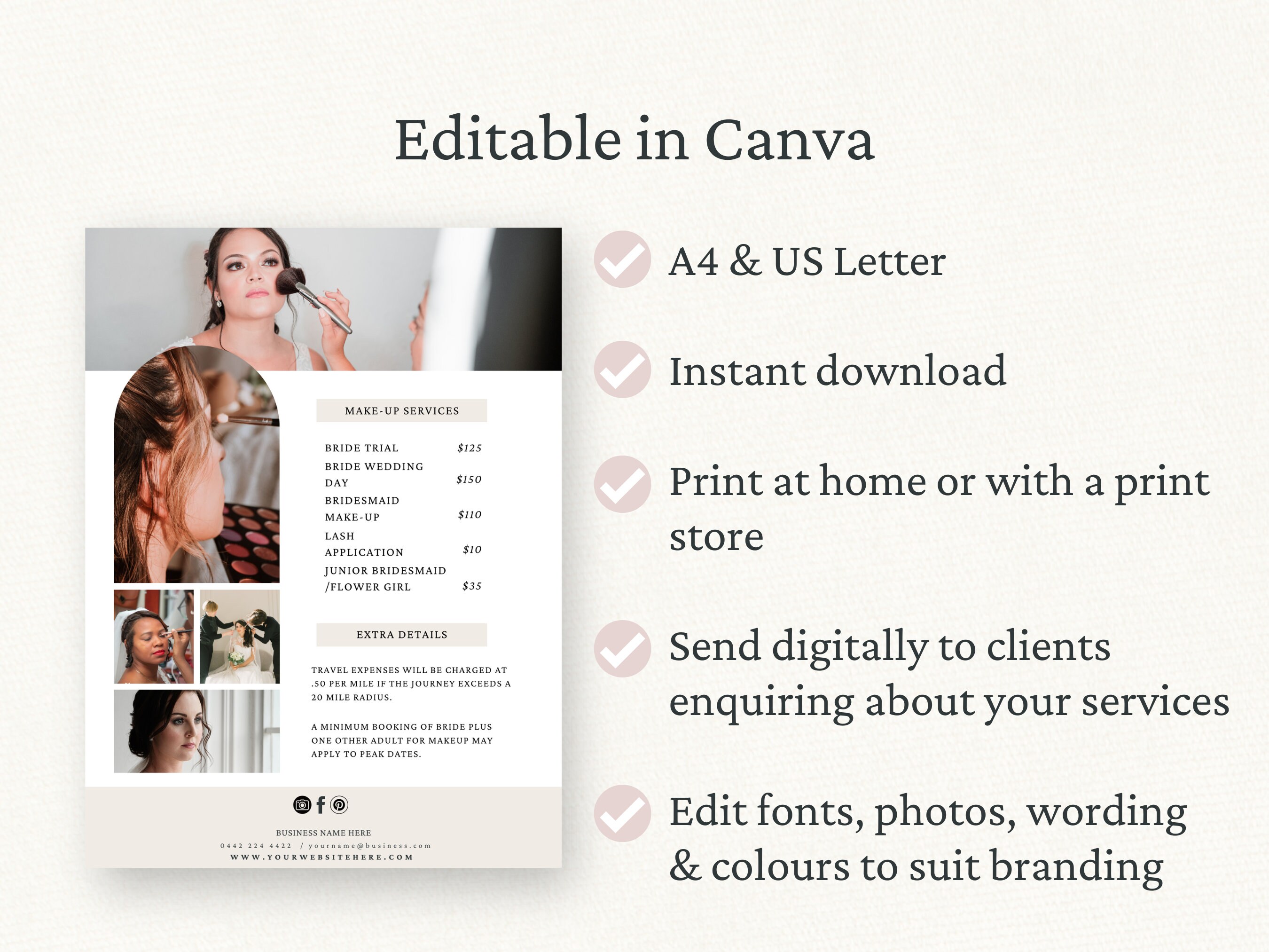 Bridal Makeup Pricing Guide Template, Wedding Party MUA Price List ...