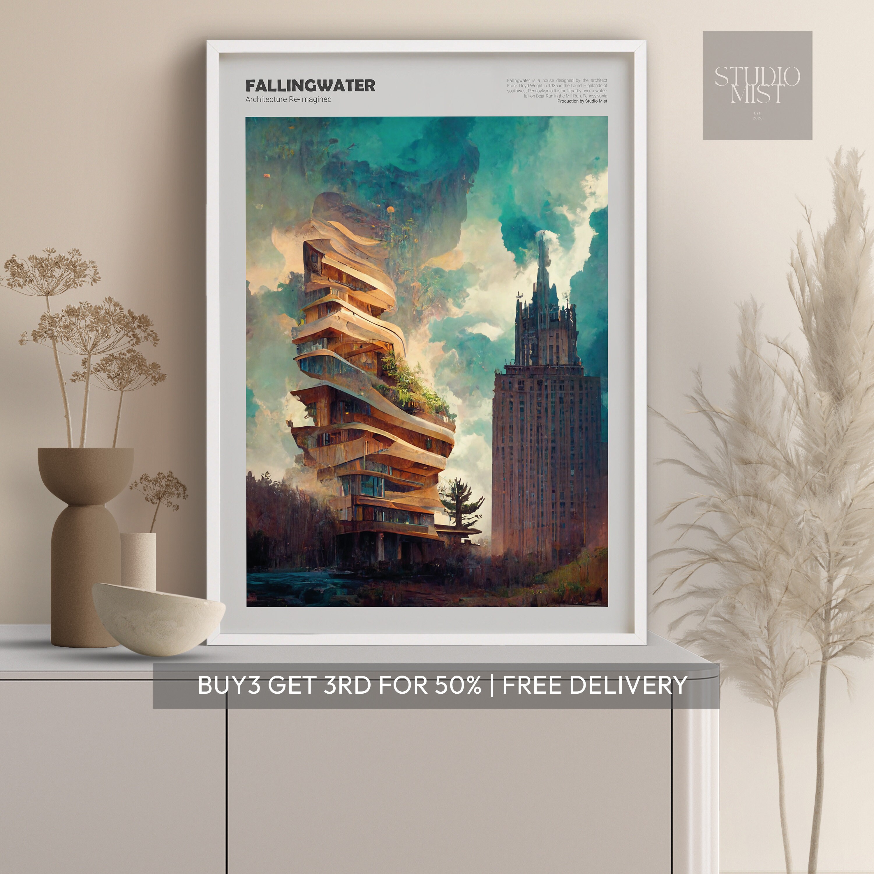 Fallingwater Print Reimagined, F.l.wright, Pennsylvania Famous Iconic ...