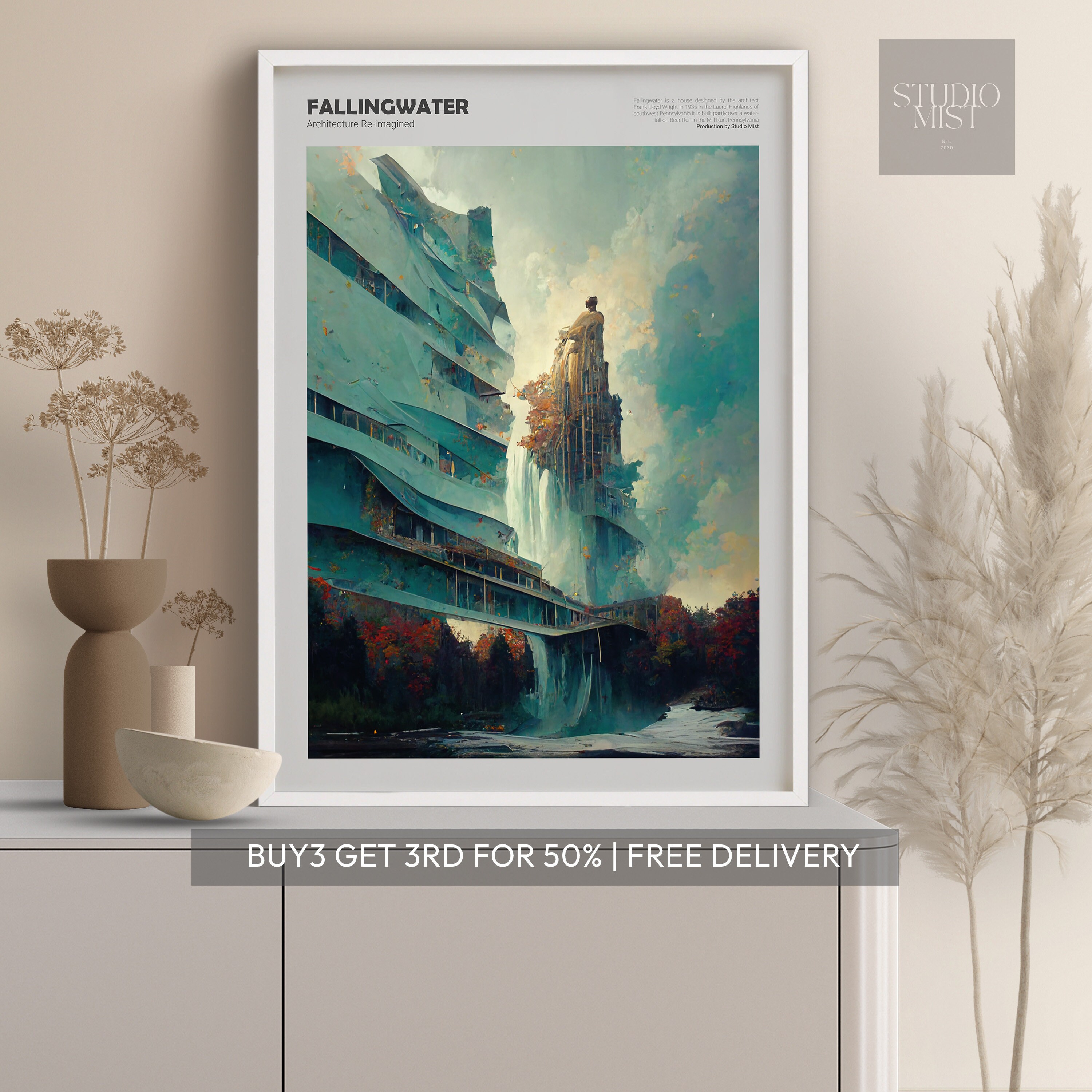 Fallingwater Print Reimagined, F.l.wright, Pennsylvania Famous Iconic ...